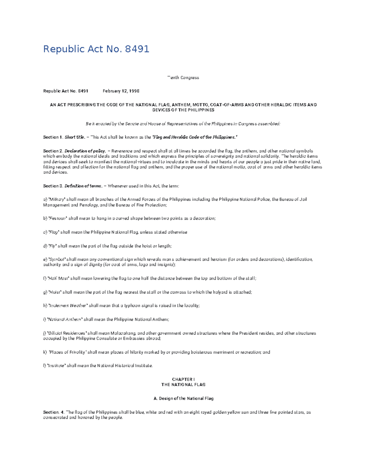 RA8491 - Flag and Heraldic Code of the Philippines Overview - Studocu