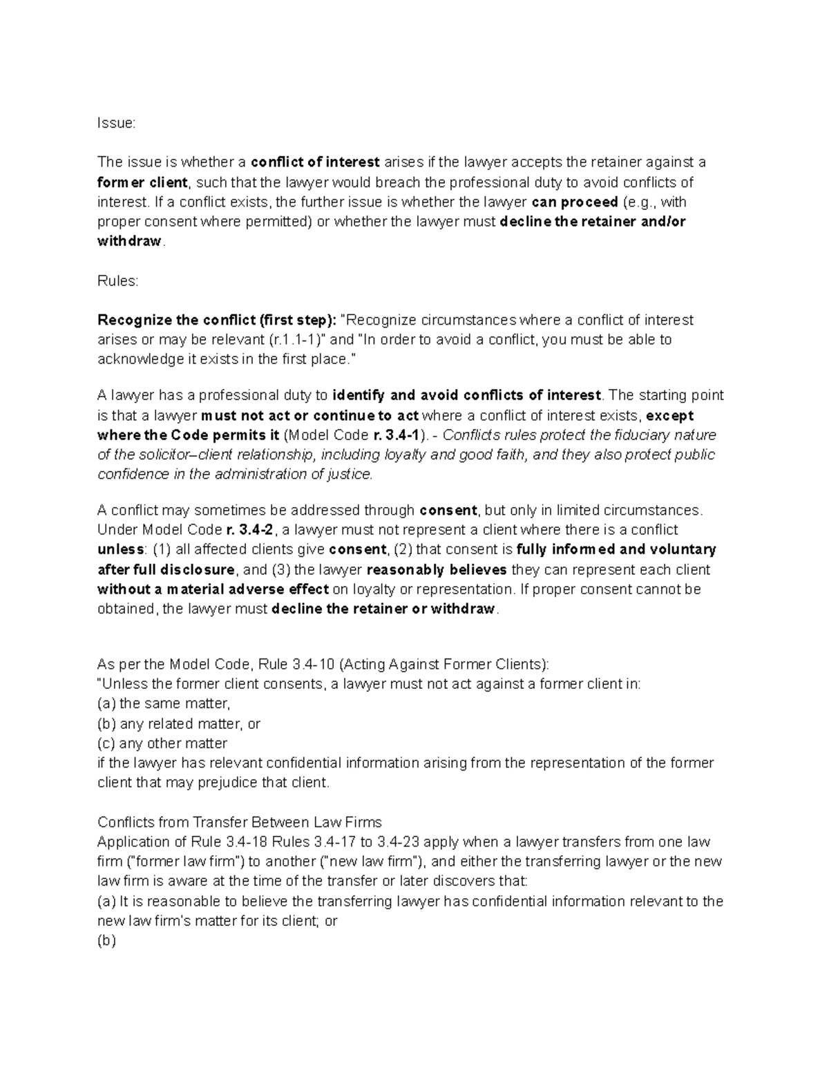 Conflict of Interest: Former Clients - IRAC Analysis - Studocu