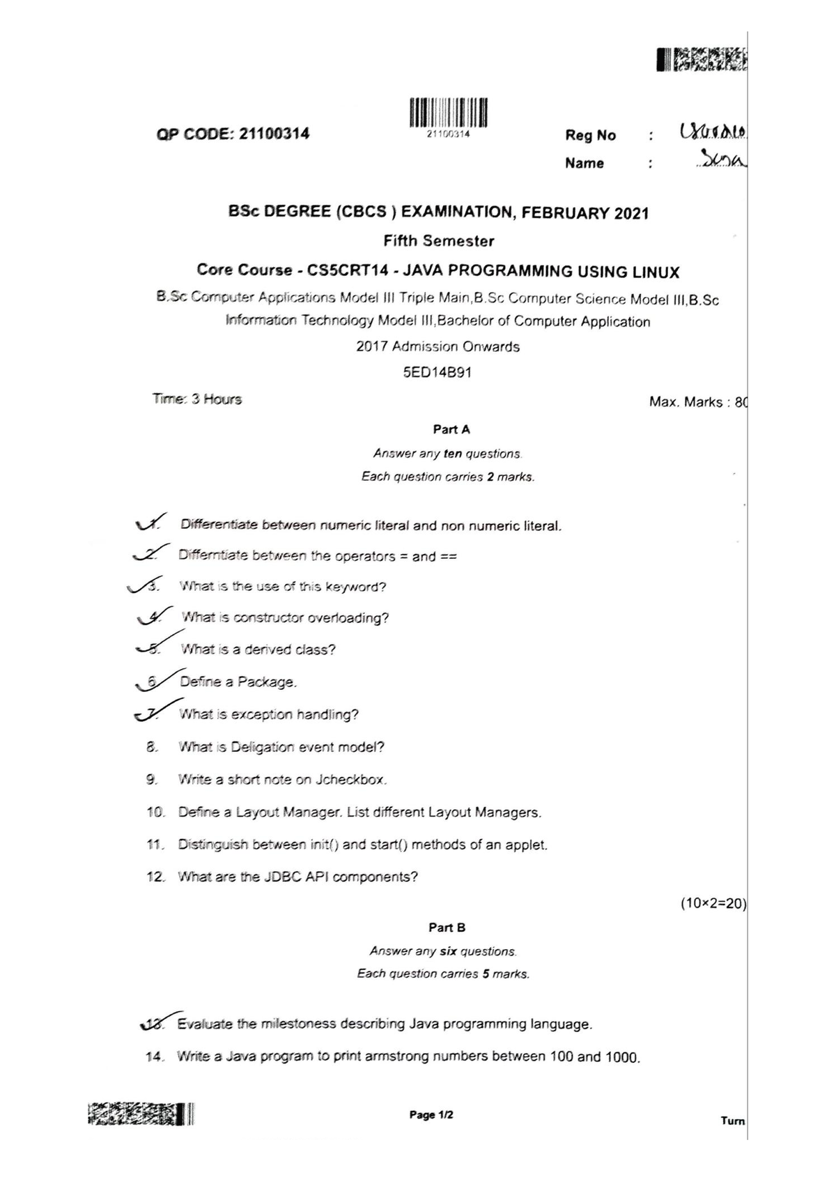 B.Sc CS5CRT14 JAVA PROGRAMMING USING LINUX - QP FEB 2021 - Studocu