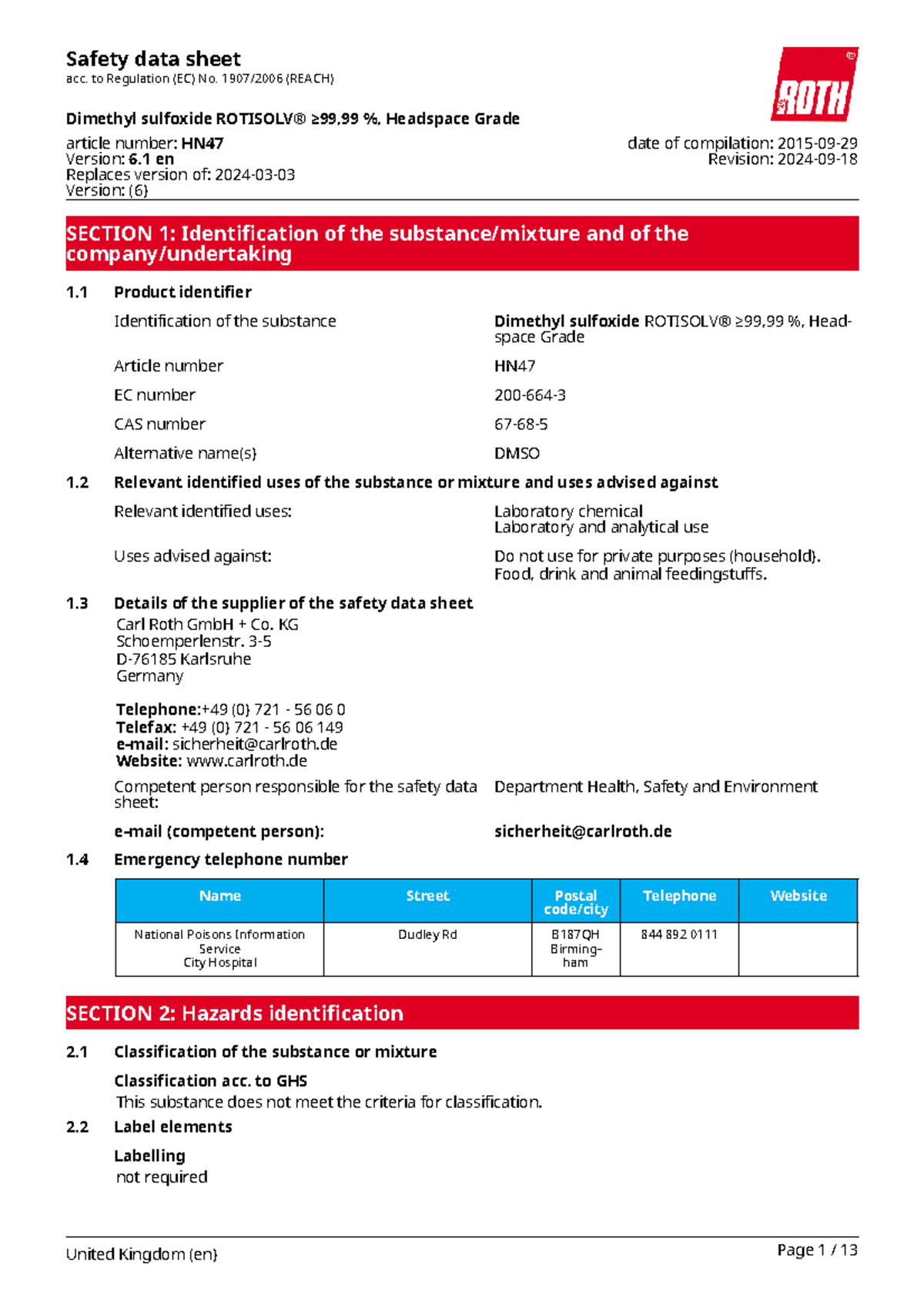 DMSO Safety Data Sheet (SDS) - Regulation (EC) No. REACH HN47 - Studeersnel