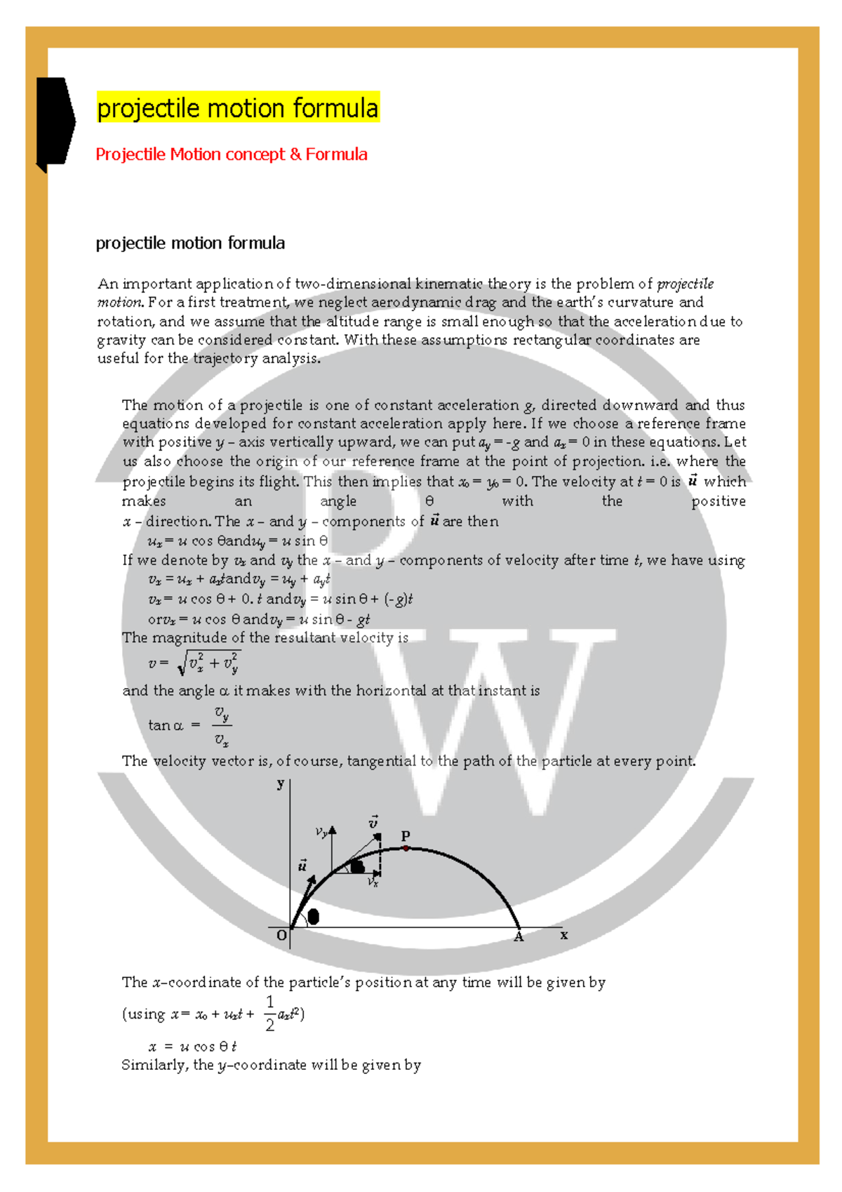 Projectile Motion Concepts and Formulas (PHYS 101) - Studocu