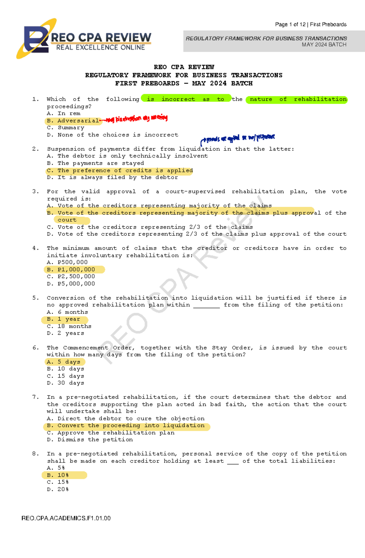 RFBT - Regulatory Framework for Business Transactions Preboard Exam ...