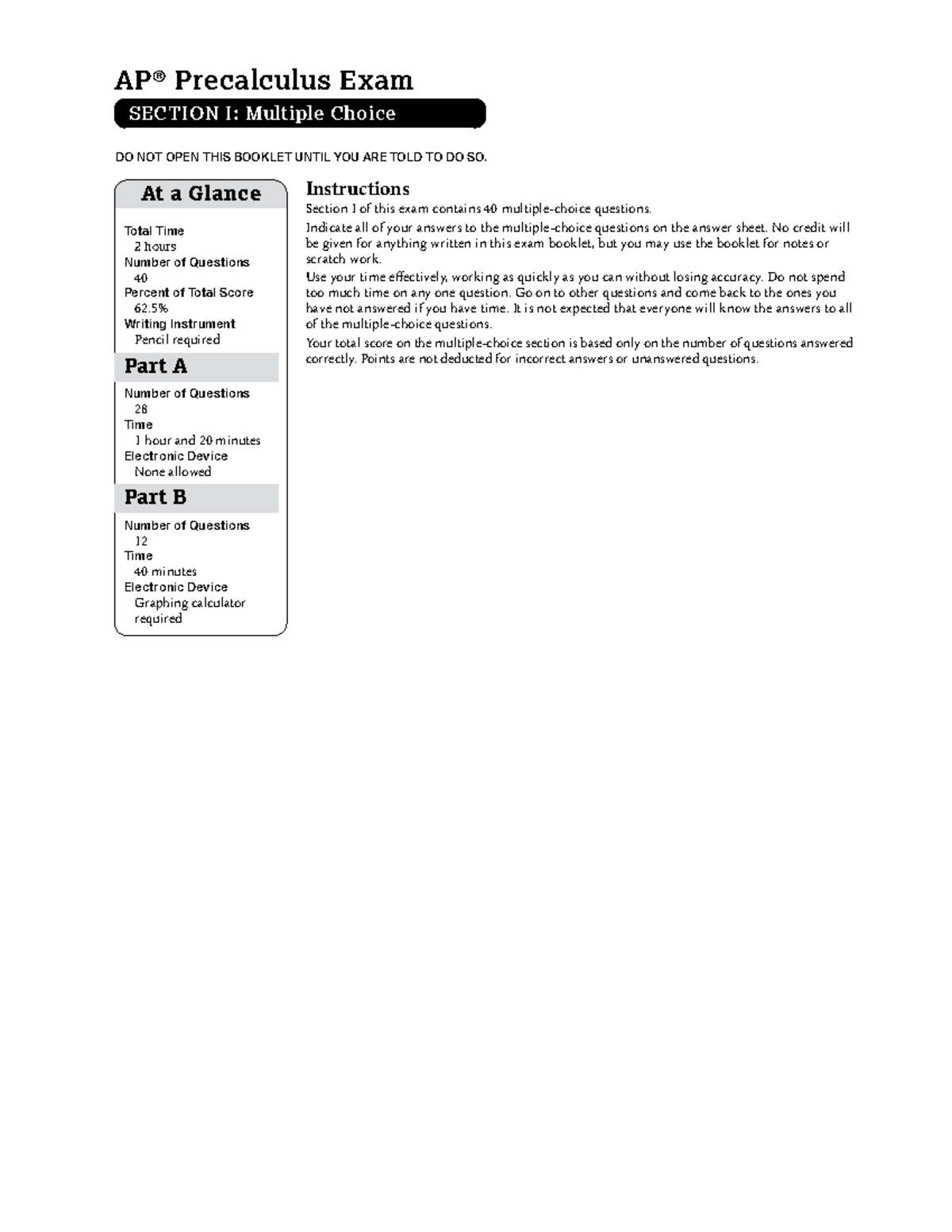 AP Precalculus Mock Exam 2025: Section I Multiple Choice - Studocu