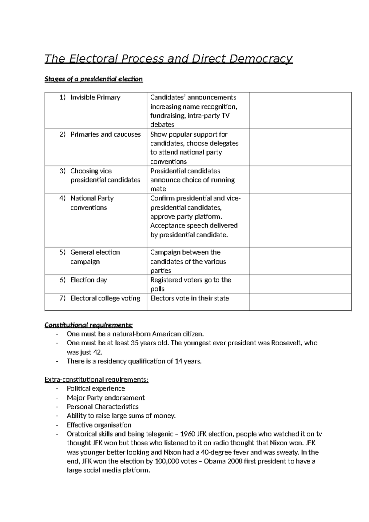 US Politics (POSC 101) - Exam Notes on Electoral Process & Democracy ...