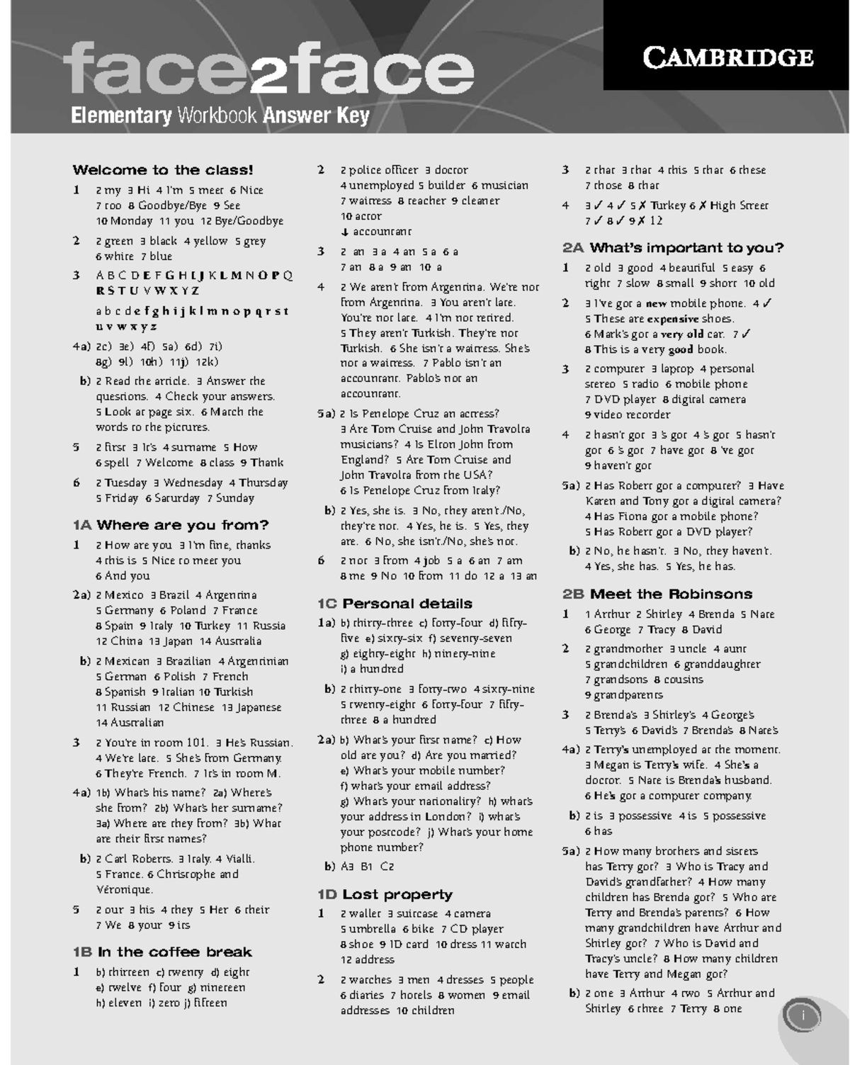 Face2Face Elementary Workbook Answer Key (A1 Level) - Studocu