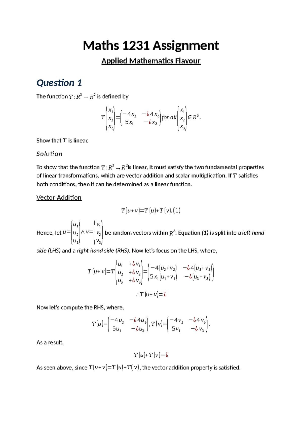 Maths 1231 Assignment: Linear Transformations & Subspaces Analysis - Studocu
