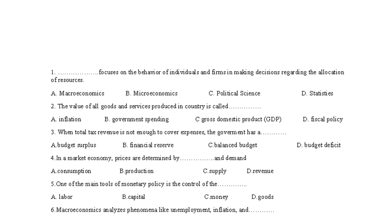 Microeconomics & Macroeconomics Quiz Notes (Course Code: Tieng ANH ...