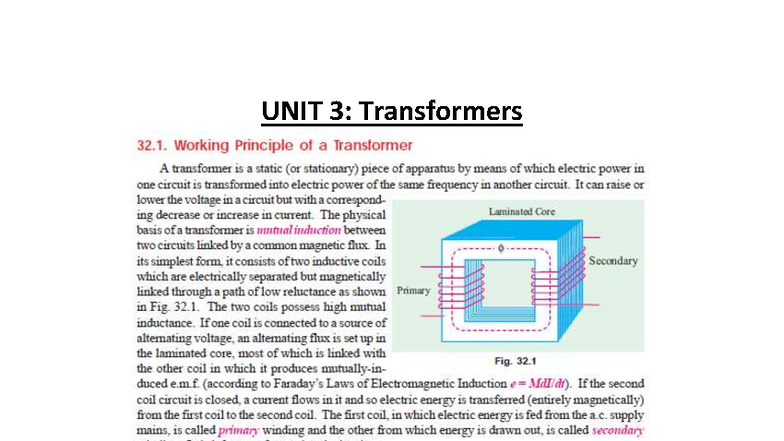 UNIT 3: Transformers - Working Principles and Construction Details ...