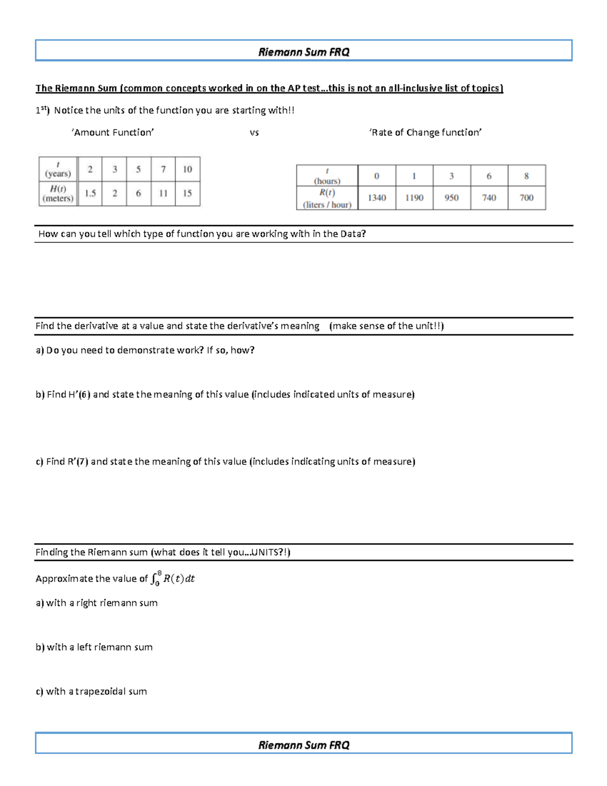 Riemann Sum FRQ Analysis and Solutions for AP Calculus (Cc) - Studocu