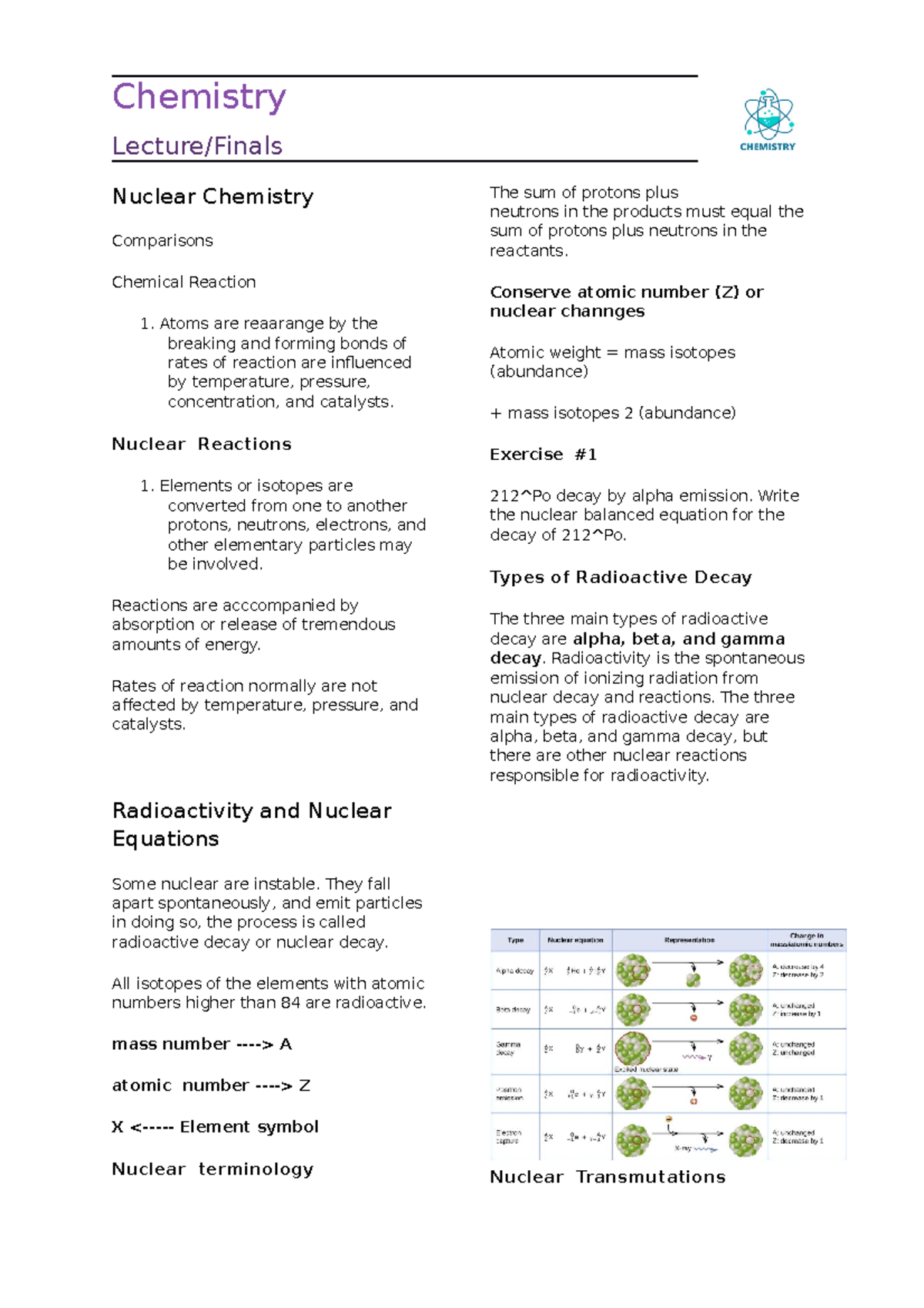 Nuclear Chemistry Lecture Notes (CHEM 201) for Final Exams - Studocu