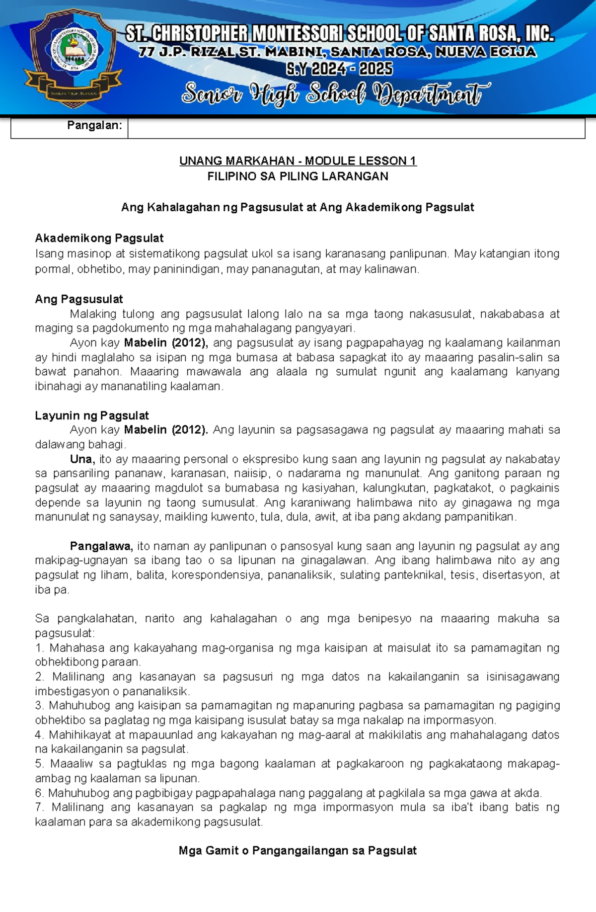 FSPL 1 - NOTES - Pangalan: UNANG MARKAHAN - MODULE LESSON 1 FILIPINO SA ...
