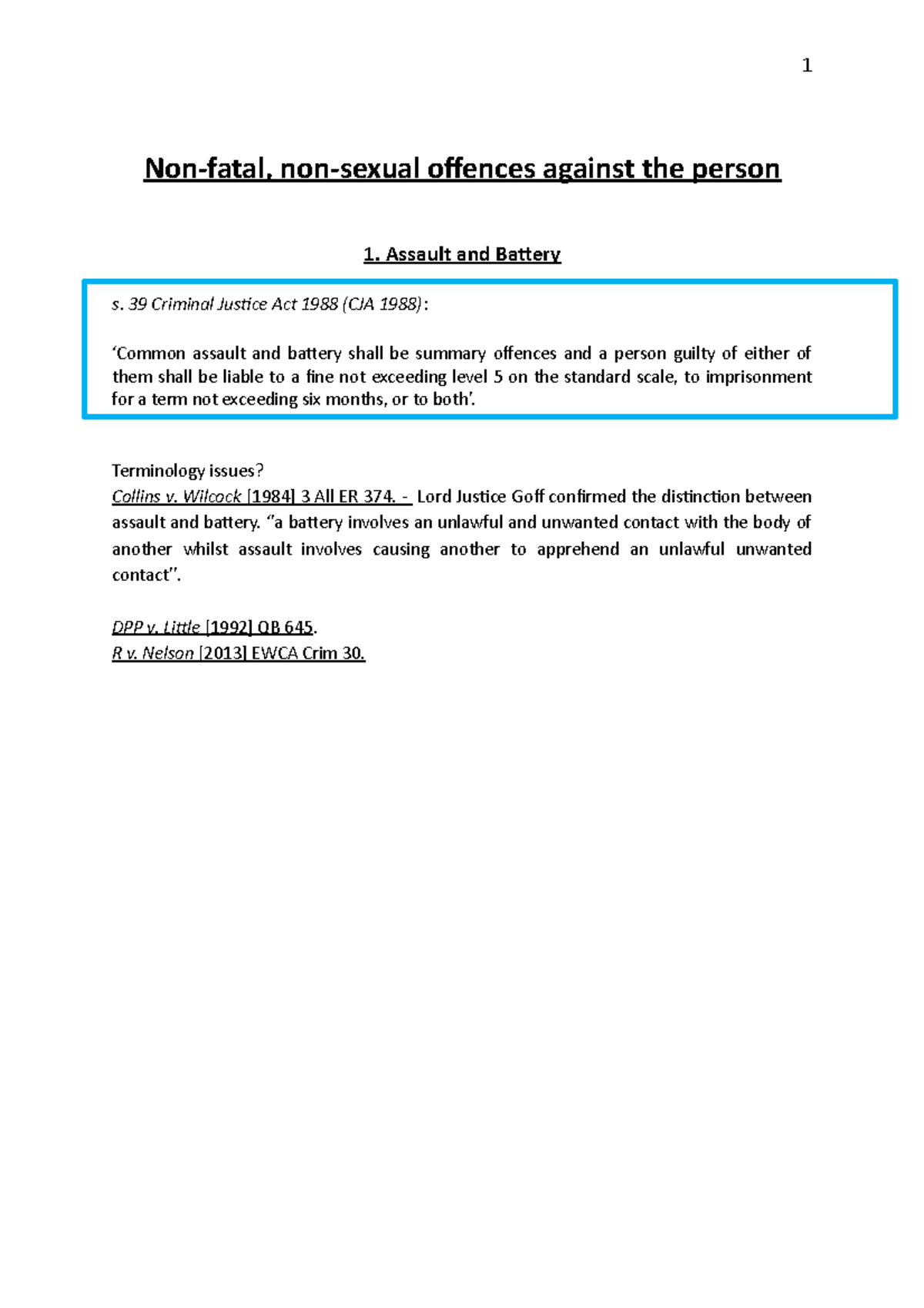 OAPA 1861 Lecture Notes: Non-Fatal Offences Against the Person - Studocu