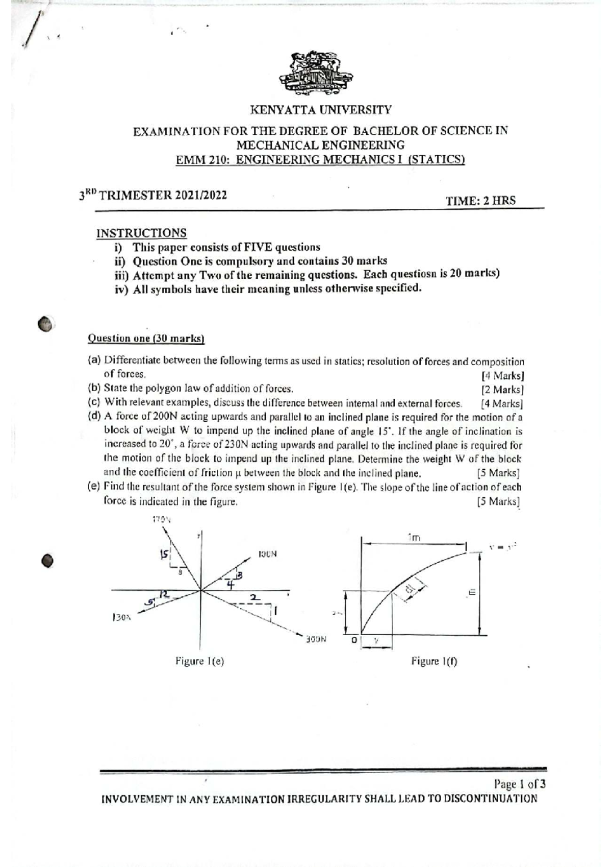 EMM 210: Engineering Mechanics I (Statics) Exam Paper Analysis - Studocu