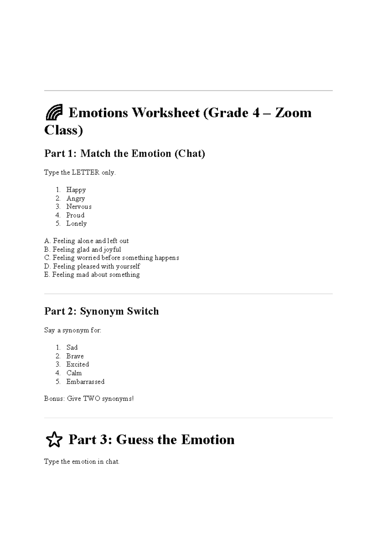 Emotions Worksheet (Grade 4 Zoom Class) - Part 1 to 6 Activities - Studocu