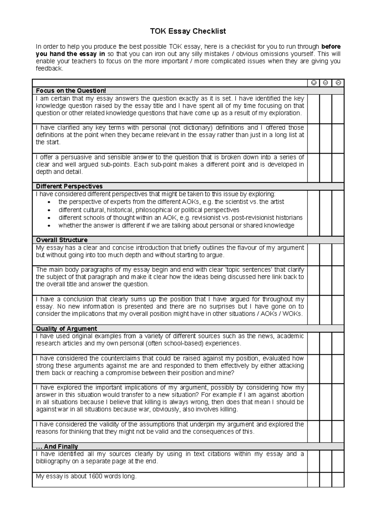 TOK Essay Checklist: Key Points for Success - Studocu