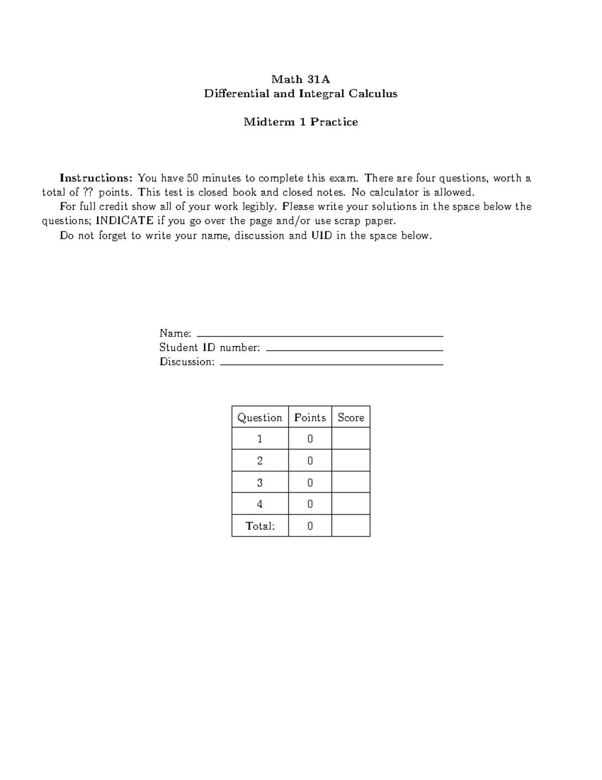 Math 31A Midterm 1 Practice: Differential & Integral Calculus - Studocu