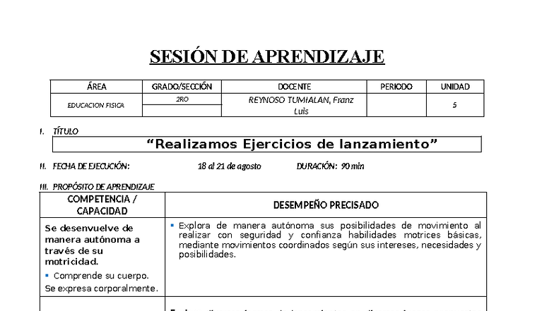 Sesión de Aprendizaje: Ejercicios de Lanzamiento - 2RO Educación Física ...