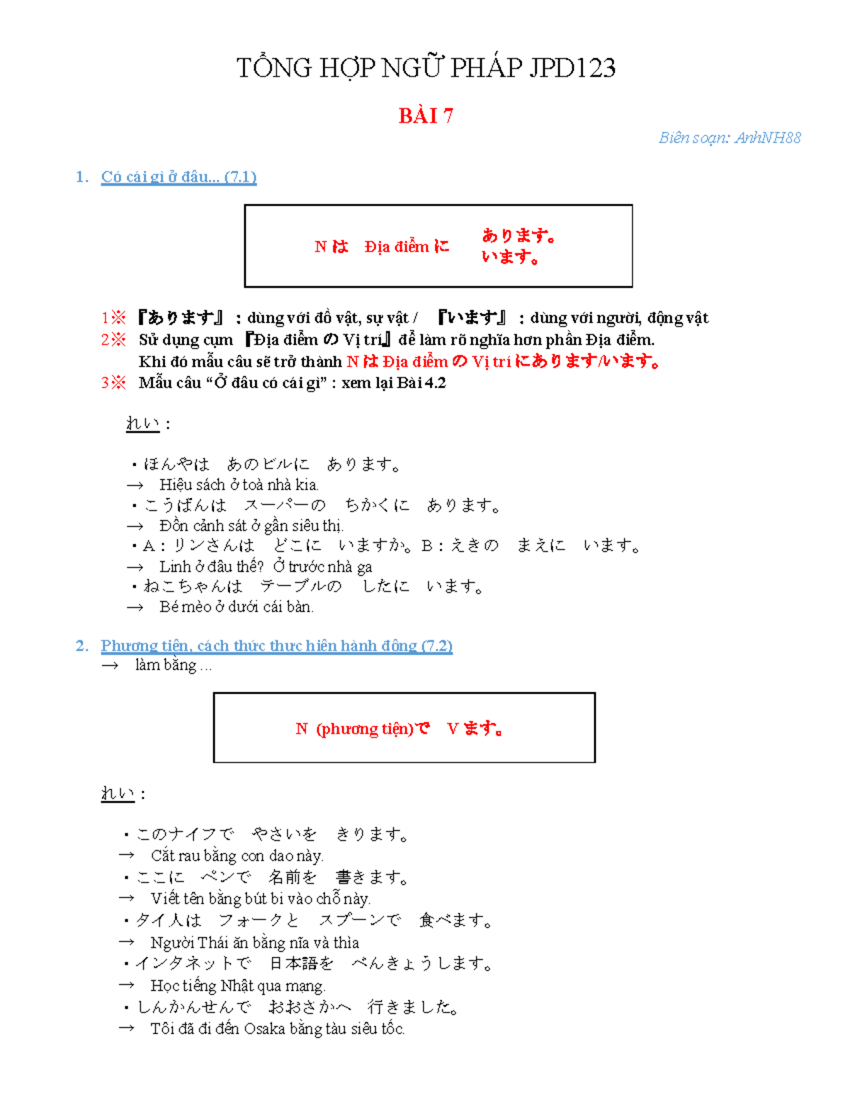 Tổng Hợp Ngữ Pháp JPD123 - Bài 7 - Studocu