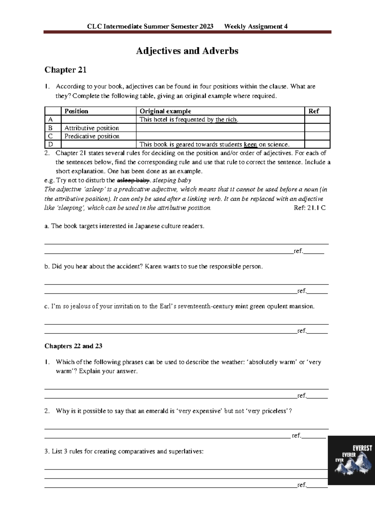 Weekly Assignment 4 - Adjectives and Adverbs - CLC Intermediate Summer ...