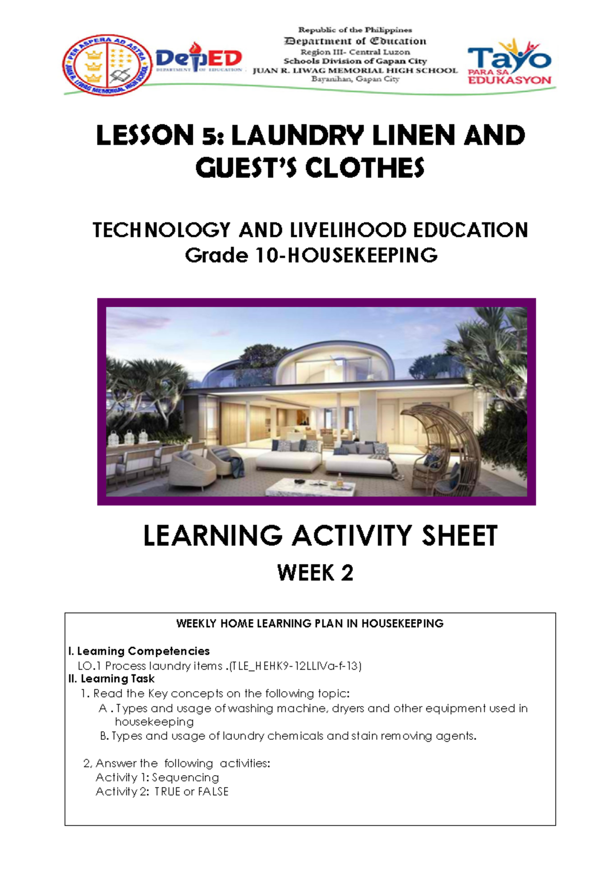 Housekeeping Lesson 5: Laundry Techniques & Equipment (TLE_HEHK9-12 ...