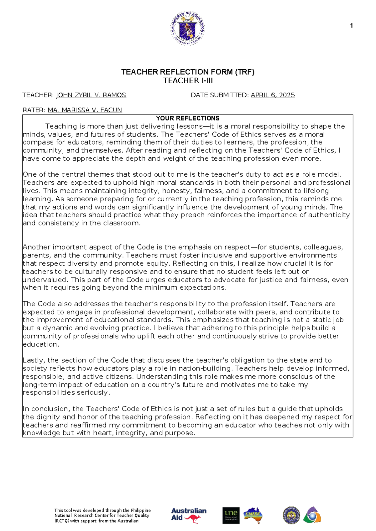 Teacher Reflection Form (TRF) for T I III - RPMS SY 2021-2022 - Studocu