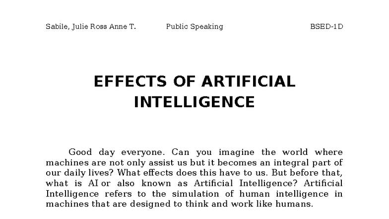 Public Speaking: Effects of Artificial Intelligence on Daily Life - Studocu