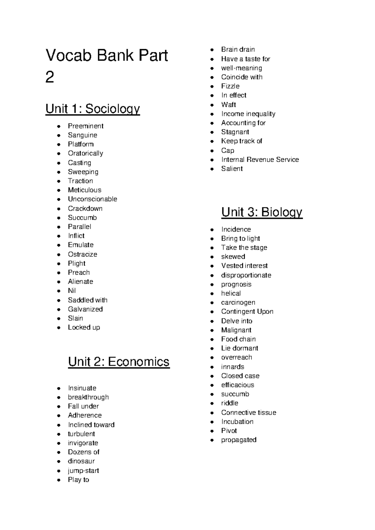 TRS 601 Vocab Bank Units 1-5: Sociology, Economics, Biology, Humanities ...
