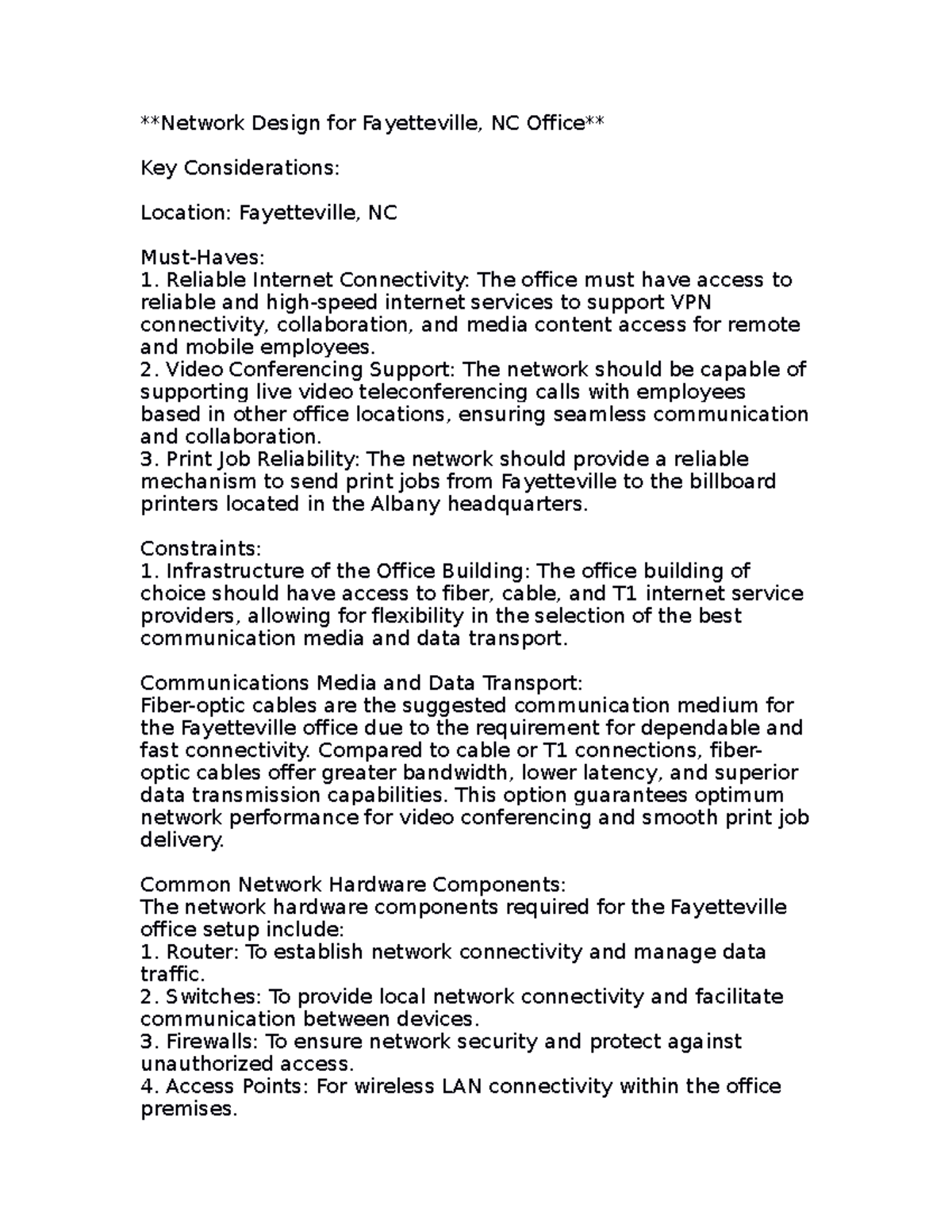 Network Design Proposal for Fayetteville, NC Office: Key Milestones ...
