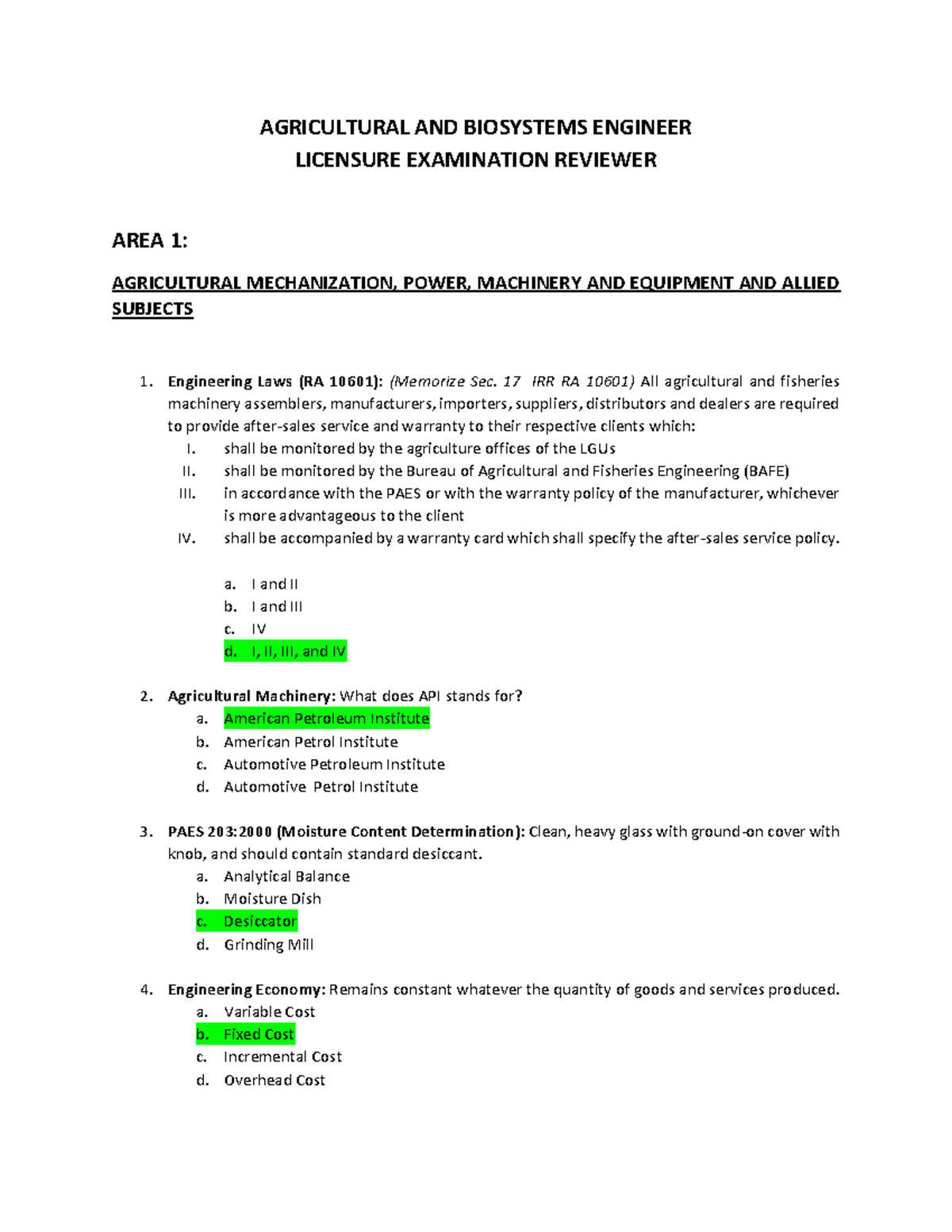 AGRICULTURAL AND BIOSYSTEMS ENGINEERING LICENSURE EXAM REVIEWER: AREA 1 ...