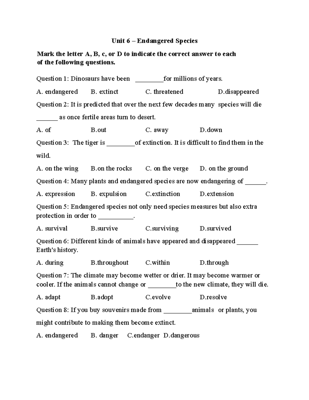 Unit 6 - Endangered species - Unit 6 – Endangered Species Mark the ...