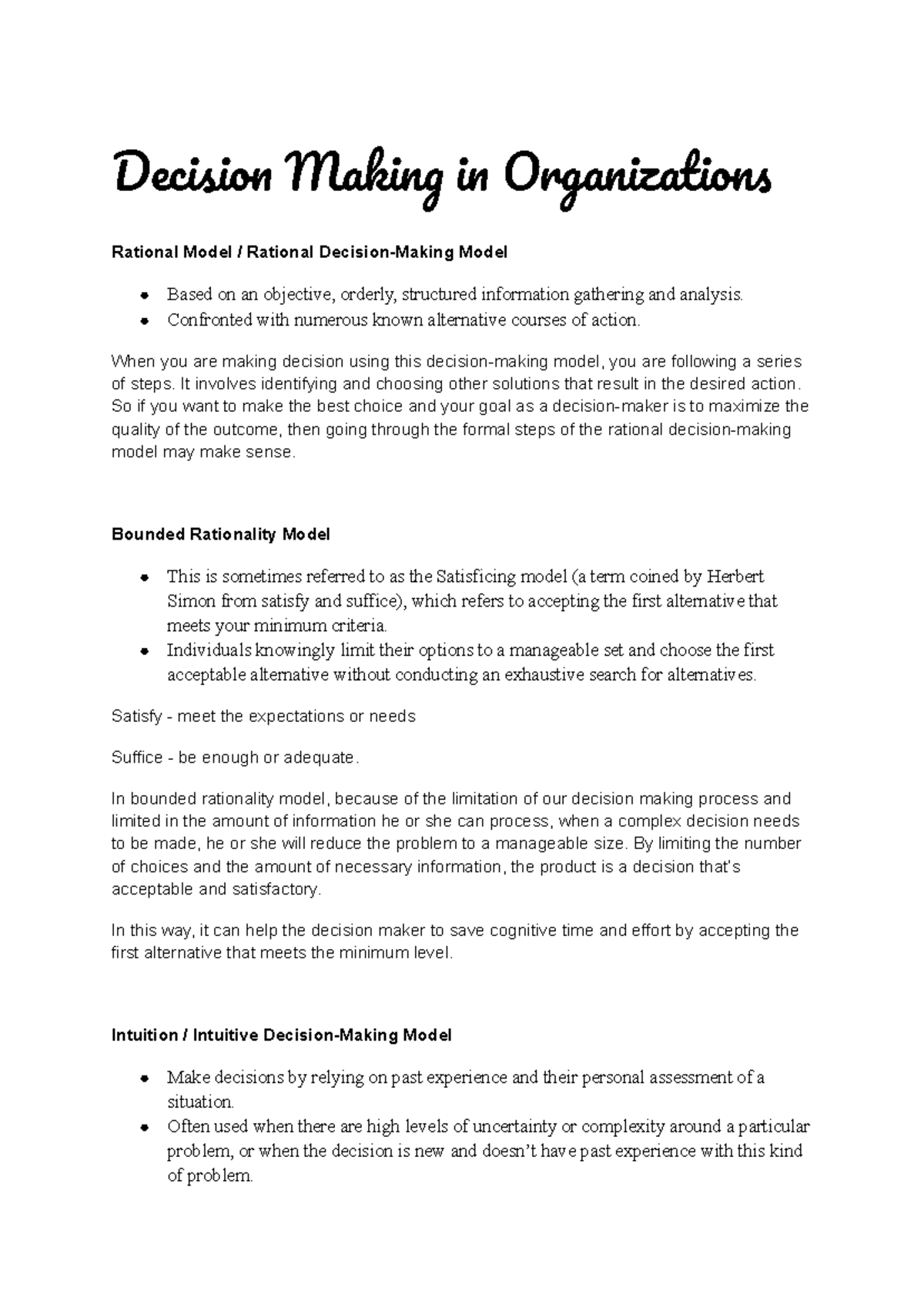 Decision Making in Organizations: Rational and Intuitive Models - Studocu