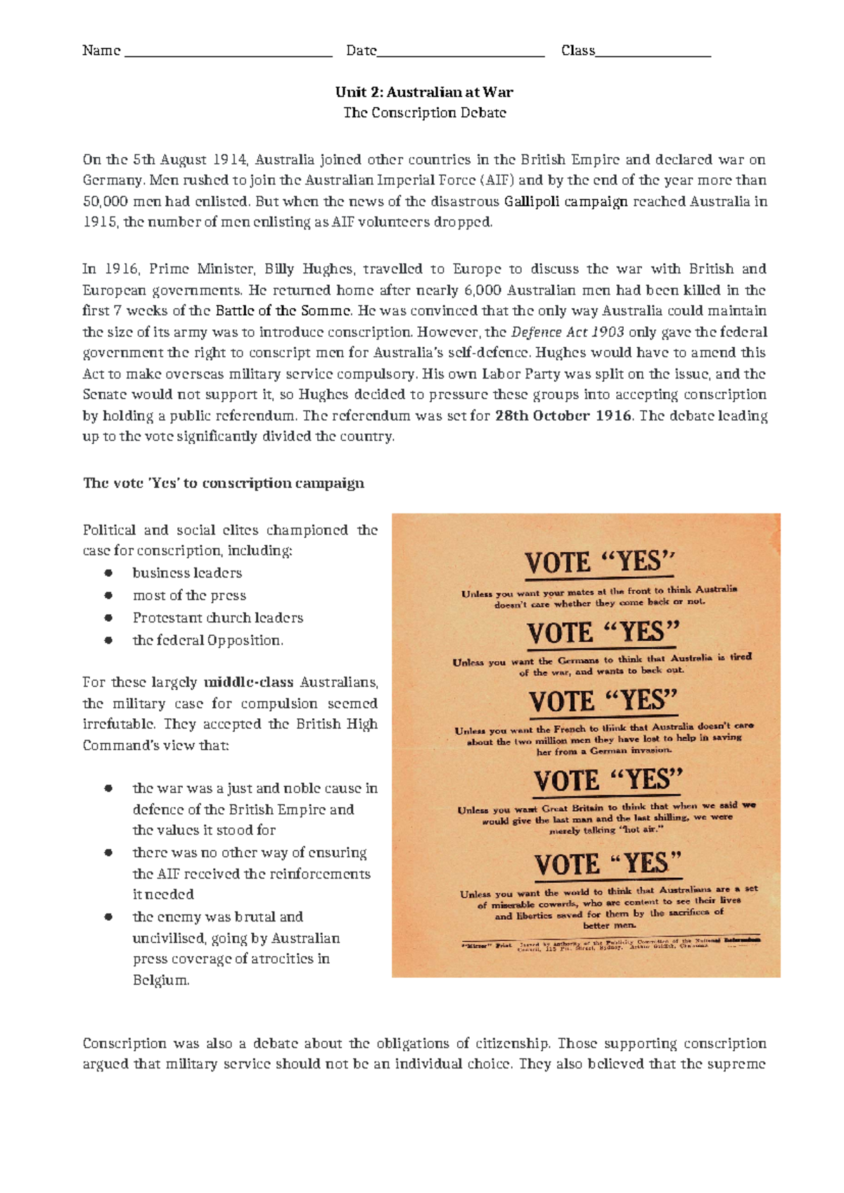 Unit 2: The Conscription Debate in Australia During WWI - Studocu