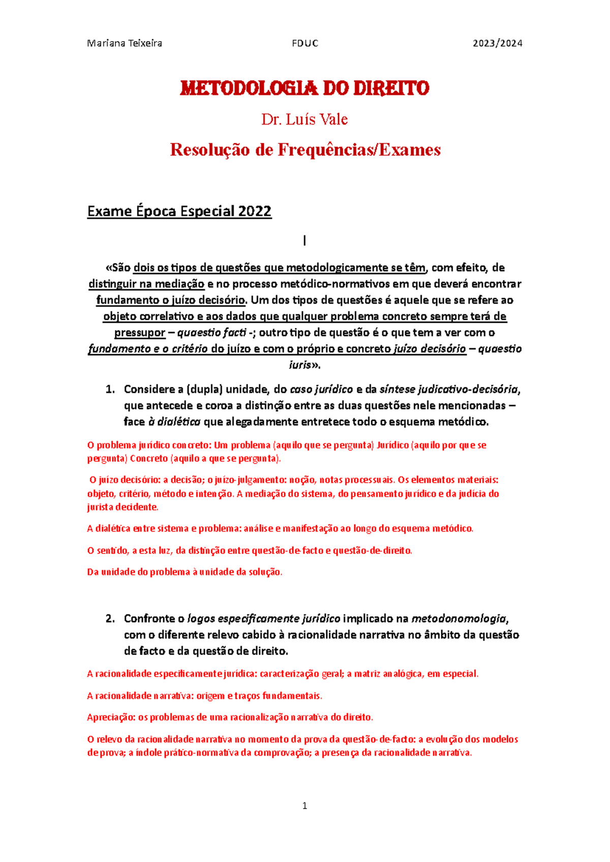Resolução de Exame Época Especial 2022 I - Metodologia do Direito FDUC ...