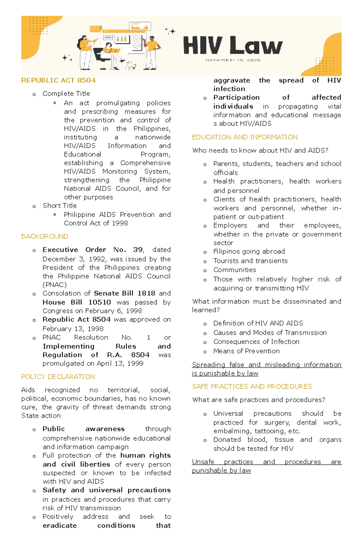 Philippine AIDS Prevention and Control Act (R.A. 8504) Overview - Studocu