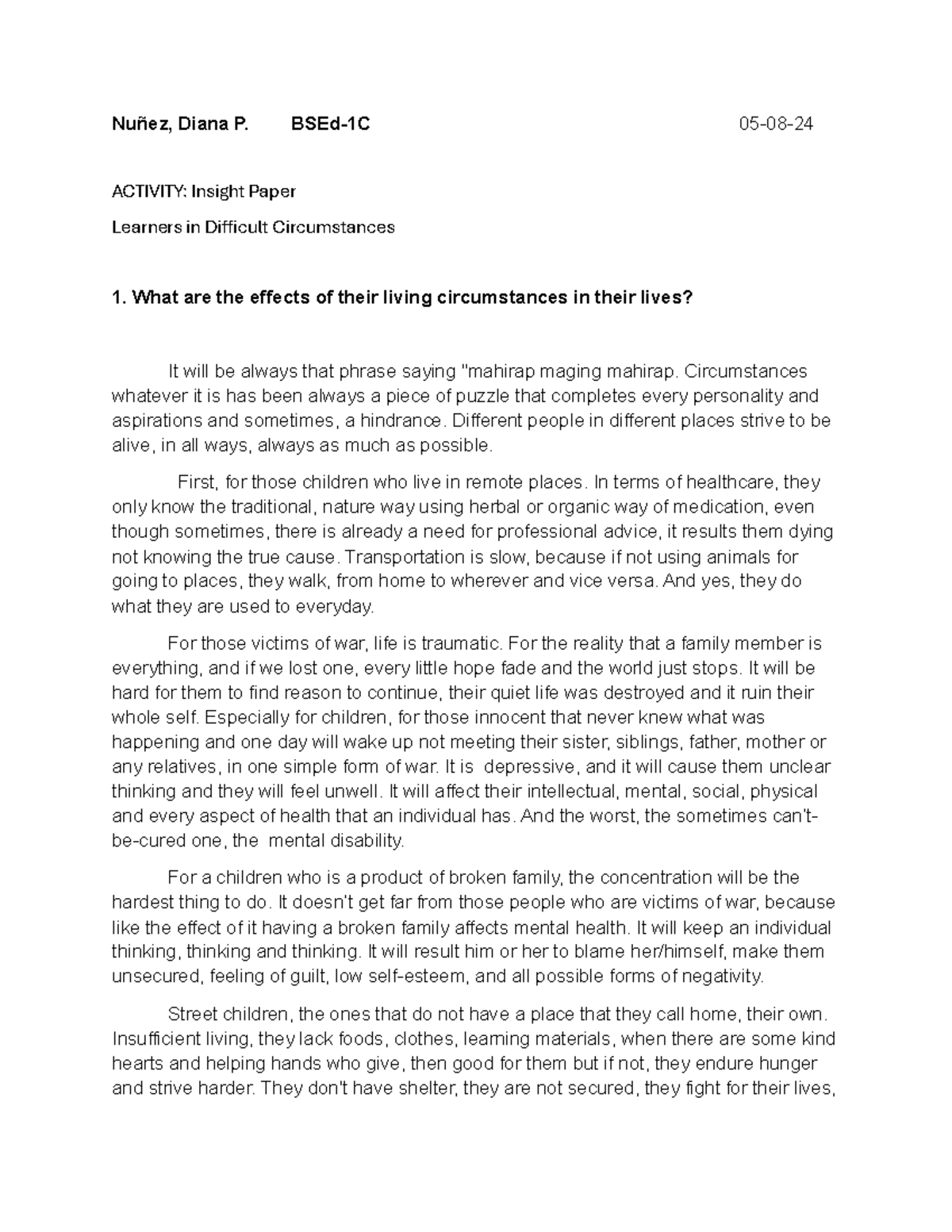 Nuñez EDUC2Insight-Paper - Nuñez, Diana P. BSEd-1C 05 - 08 - 24 ...