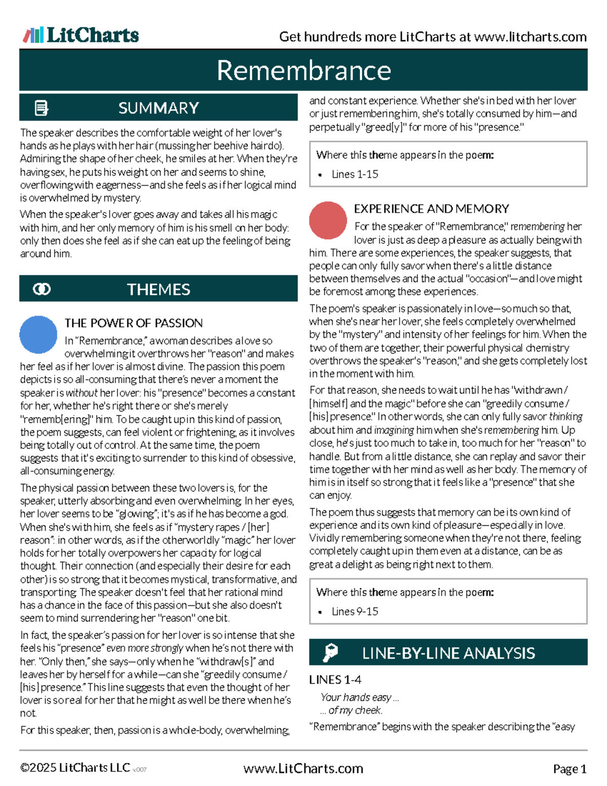 LitCharts Summary: "Remembrance" Analysis and Themes - Studocu