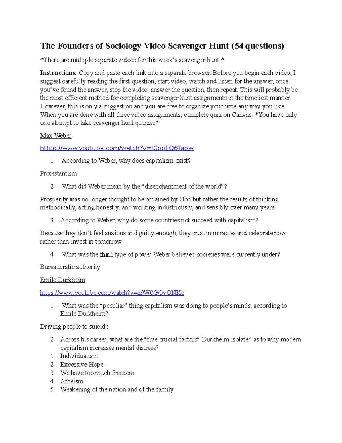 The Founders of Sociology Video Scavenger Hunt -3 - Instructions: Copy ...
