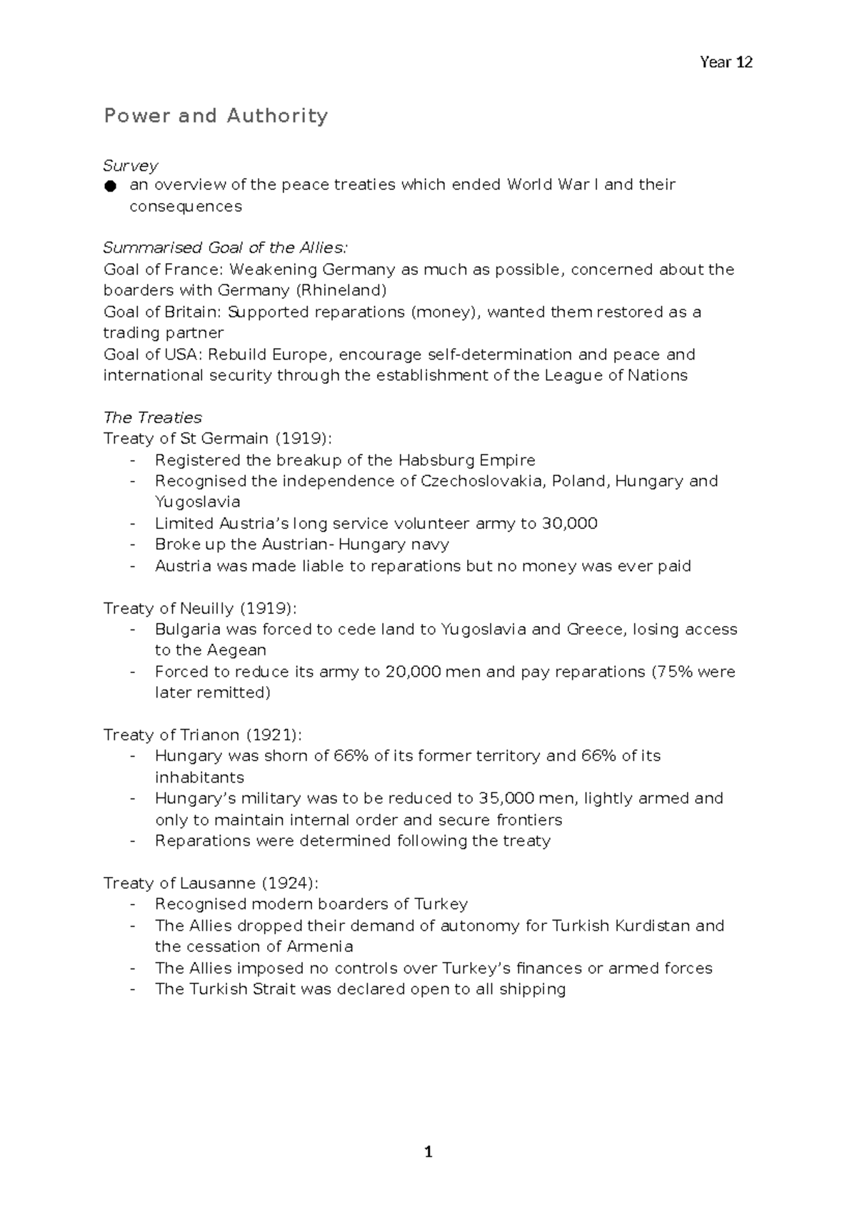 Year 12 Power and Authority: Overview of Post-WWI Treaties and ...