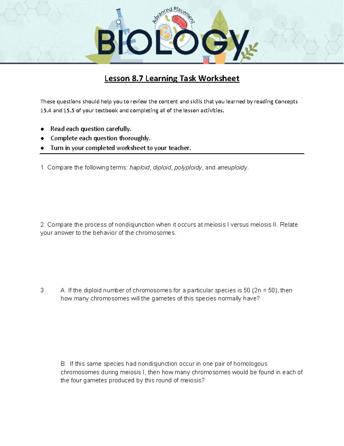 Apbio 8 - AP Biology Lesson 8 Learning Task Worksheet Overview - Studocu