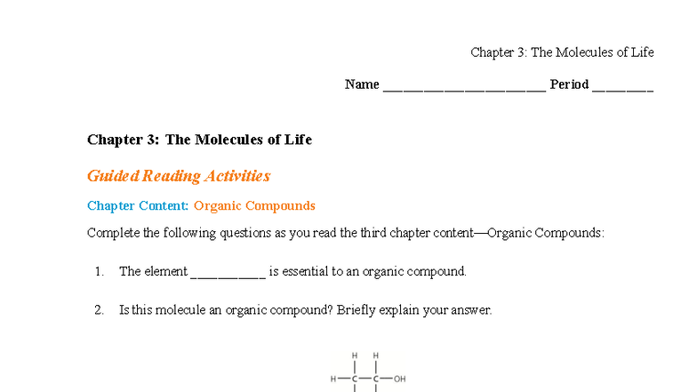 Bio 101: Chapter 3 Guided Reading Activities on Molecules of Life - Studocu