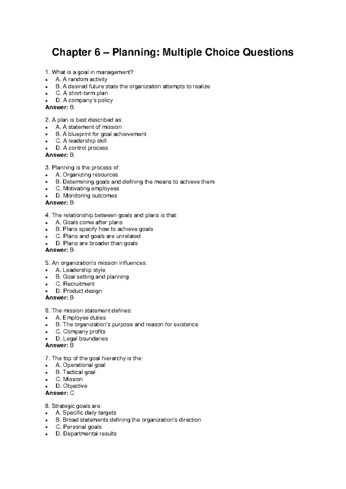 Chapter 6 Planning: Multiple Choice Questions (MCQs) - Studocu