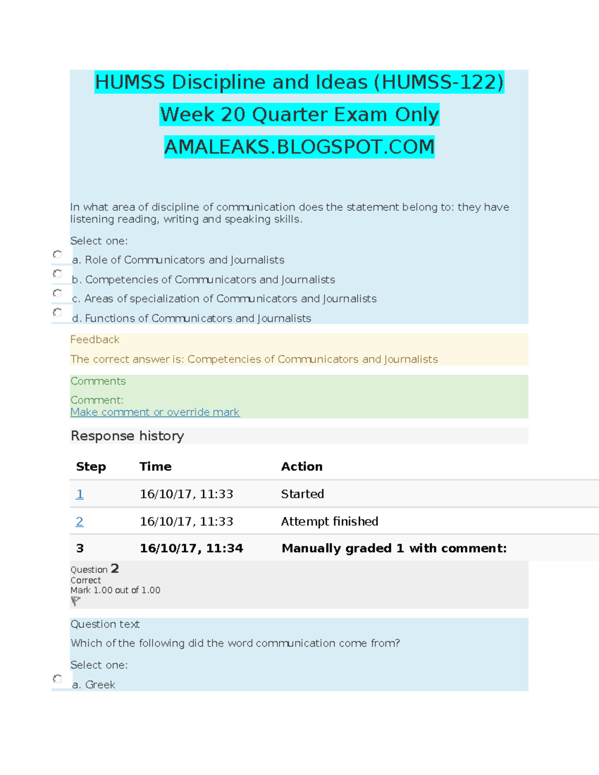 HUMSS-122 Week 20 Quarter Exam: Communication Skills and Concepts - Studocu