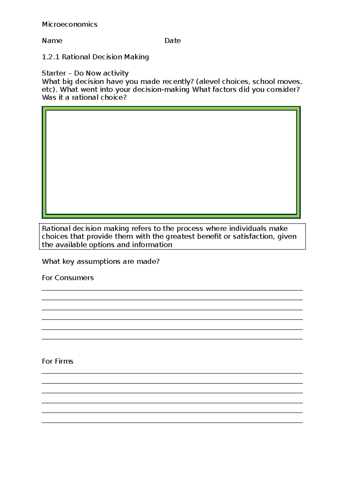 Microeconomics 1.2.1 Rational Decision Making Worksheet - Studocu