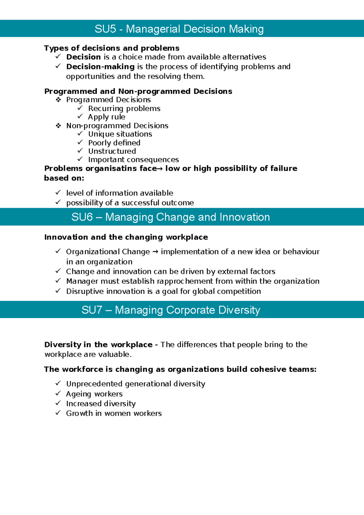 SU5-SU9 Exam Prep: Managerial Decision Making, Change, Diversity ...