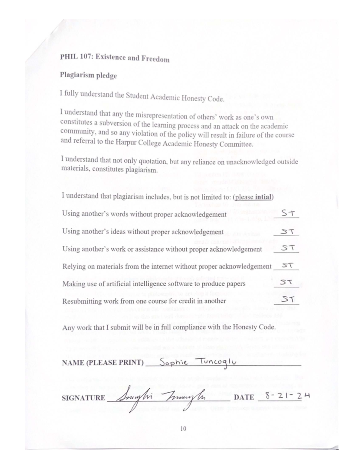 PHIL 107: Existence and Freedom - Academic Honesty Pledge - Studocu