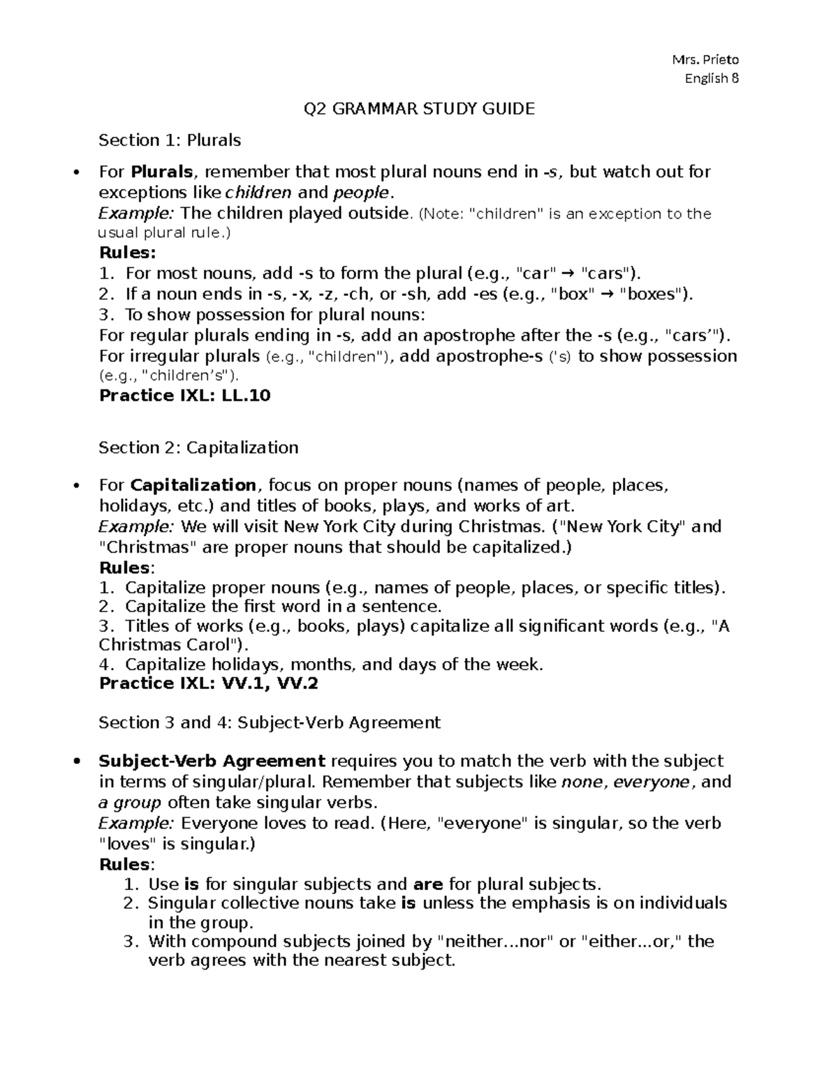 English 8 Q2 Grammar Study Guide: Plurals, Capitalization & Agreement ...