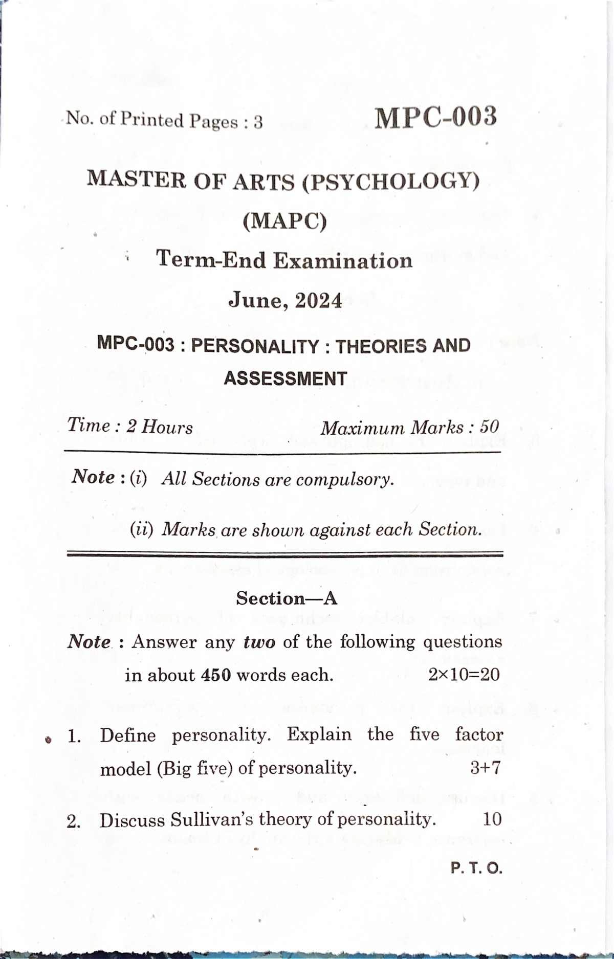 MPC 003 June 2024 Exam QP: Personality Theories & Assessment - Studocu