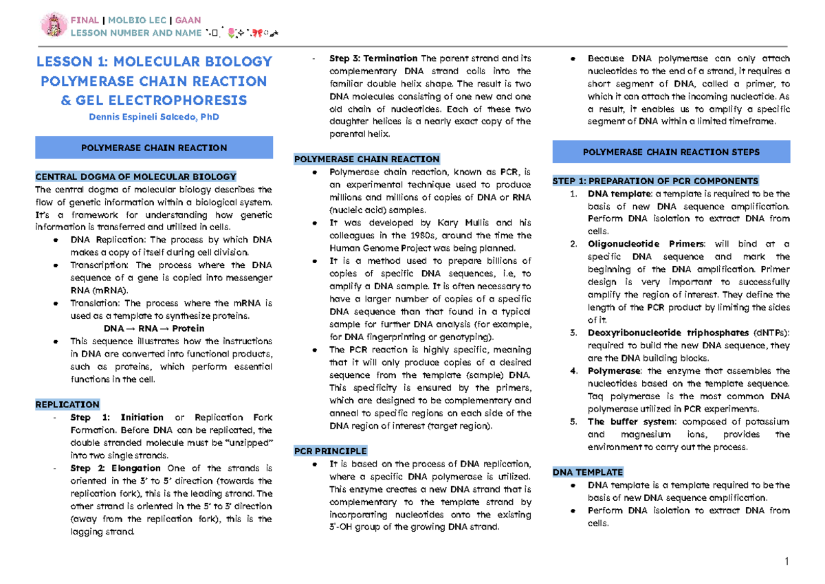 FINAL MOLBIO LEC GAAN LESSON 1: PCR & GEL ELECTROPHORESIS - Studocu