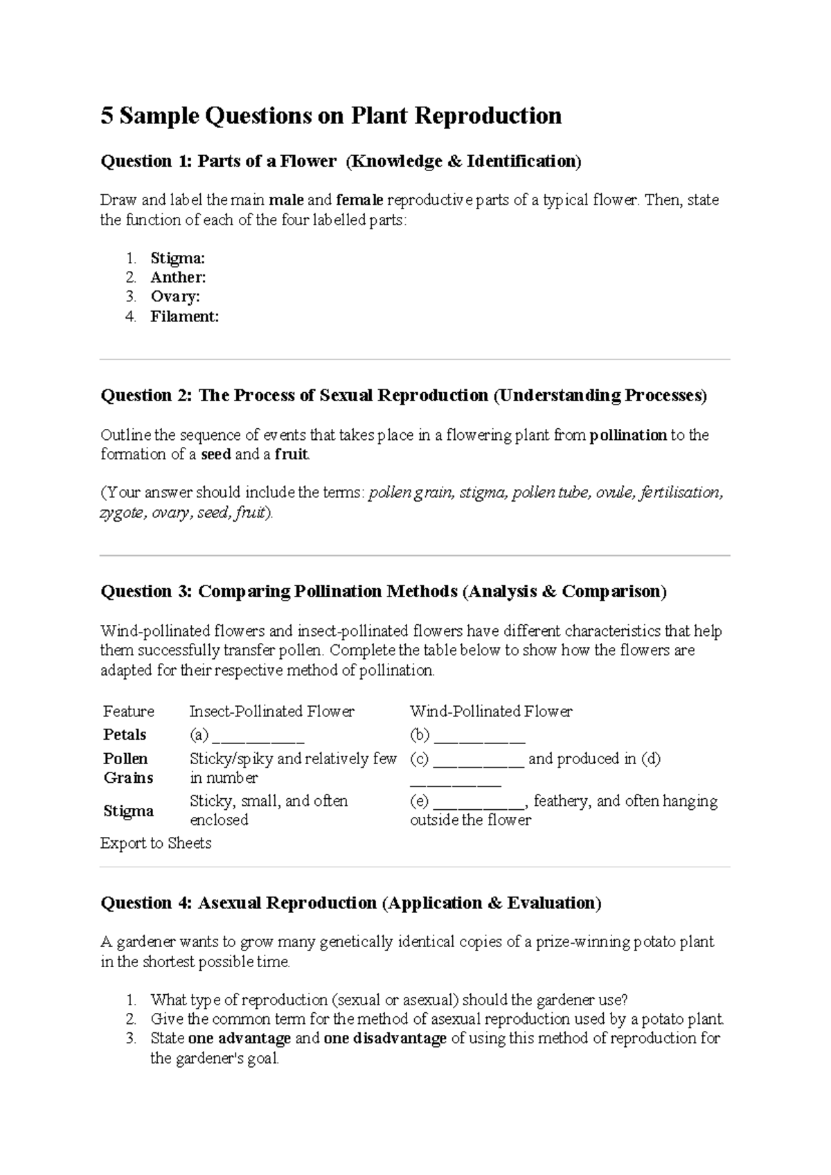 5 Sample Questions on Plant Reproduction (Biology 101) - Studocu