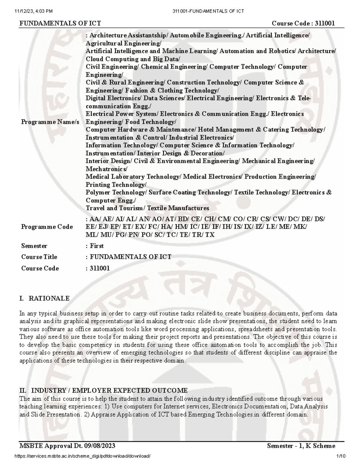 311001-Fundamentals of ICT Syllabus for Semester 1 (K Scheme) - Studocu